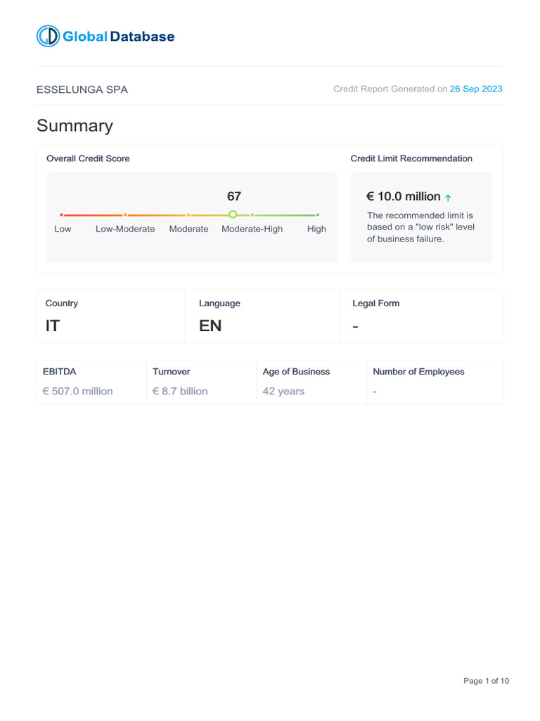 ESSELUNGA SPA Credit Report | PDF | Investing | Business Economics
