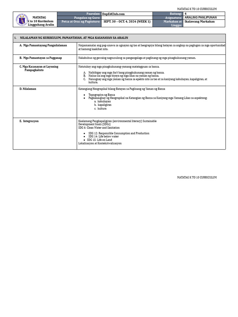 DLL Matatag - Araling Panlipunan 4 Q2 W1 | PDF