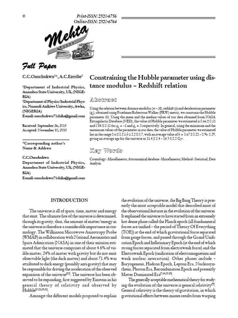 Constraining The Hubble Parameter Using Distance Modulus Redshift ...