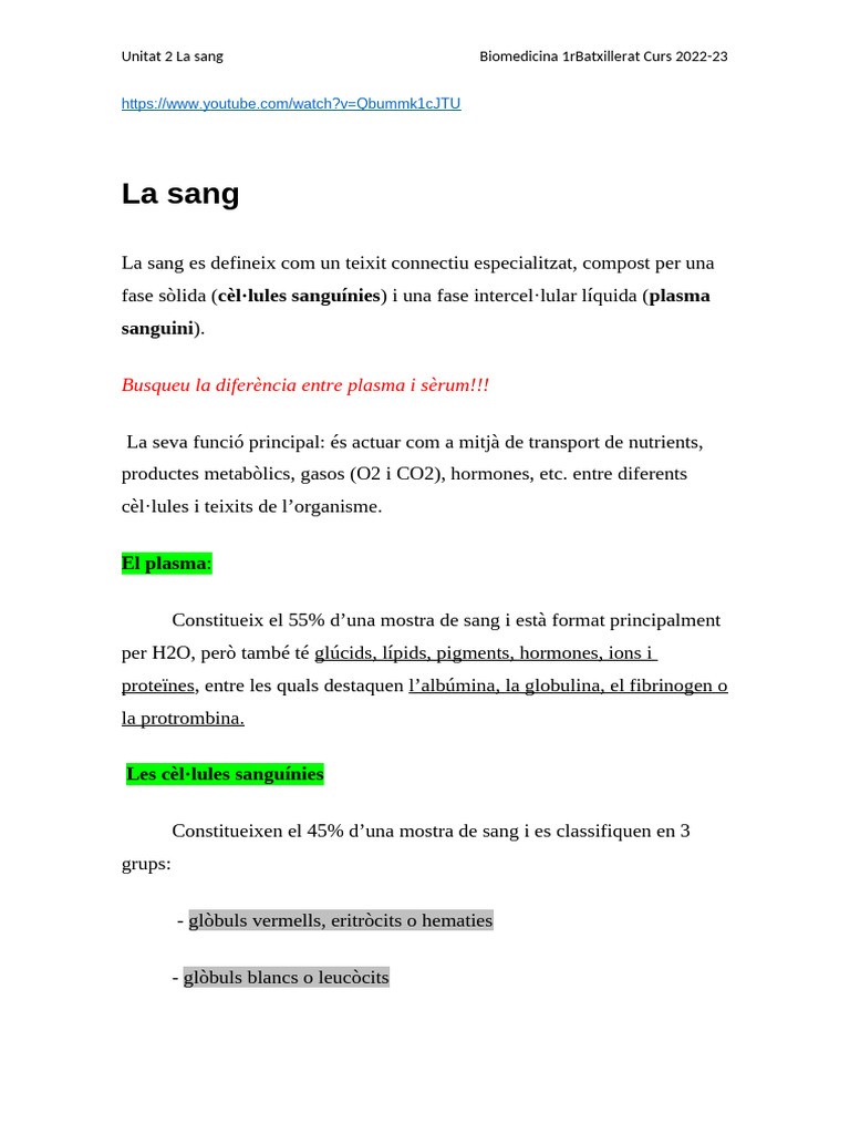 Unitat 2 La Sang | PDF