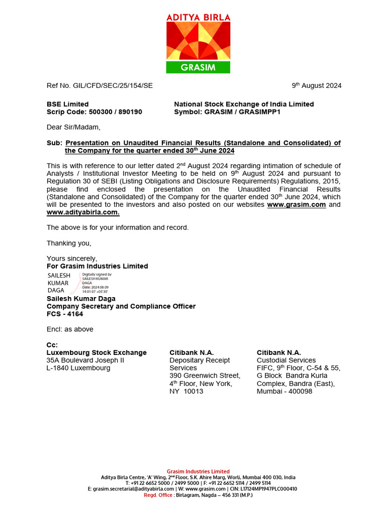 Grasim Q1FY25 Financial Results Overview | PDF | Cement | Materials