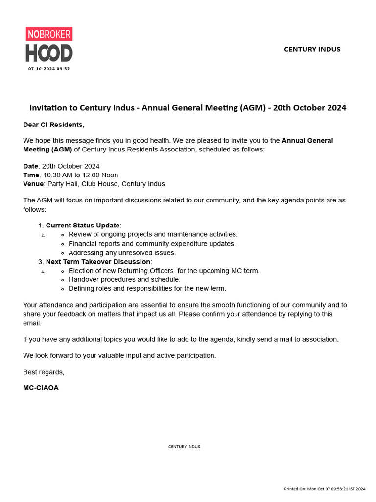 Notice - Invitation To Century Indus - Annual General Meeting (AGM ...