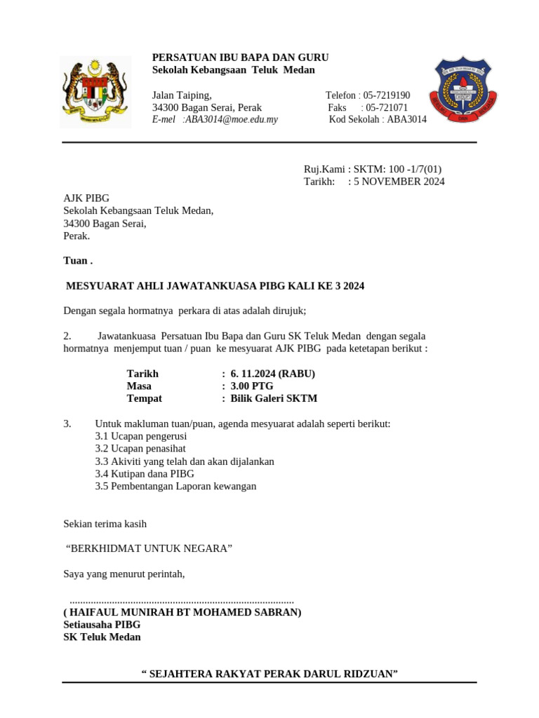 Surat Panggilan Mesyuarat Ajk Pibg Latest | PDF