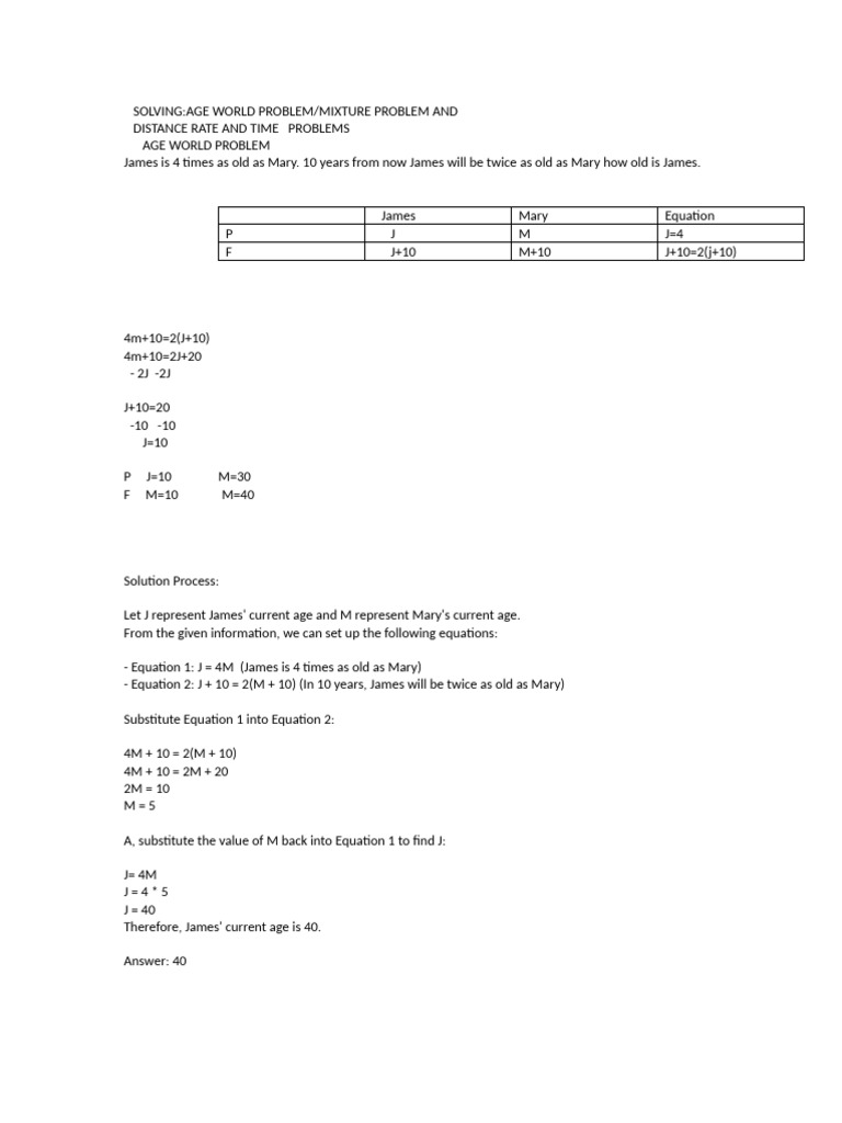 Age World Problem Mixture Problems and Distance Rate and Time Problems ...