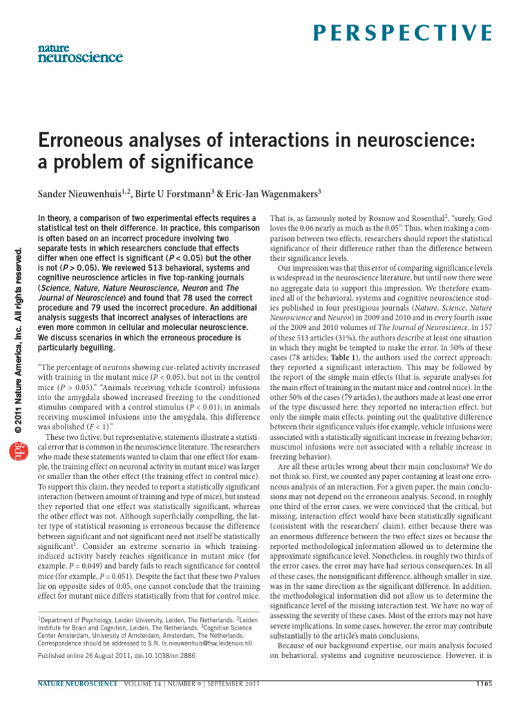 Erroneous Analyses of Interactions in Neuroscience - A Problem of Significance | PDF ...