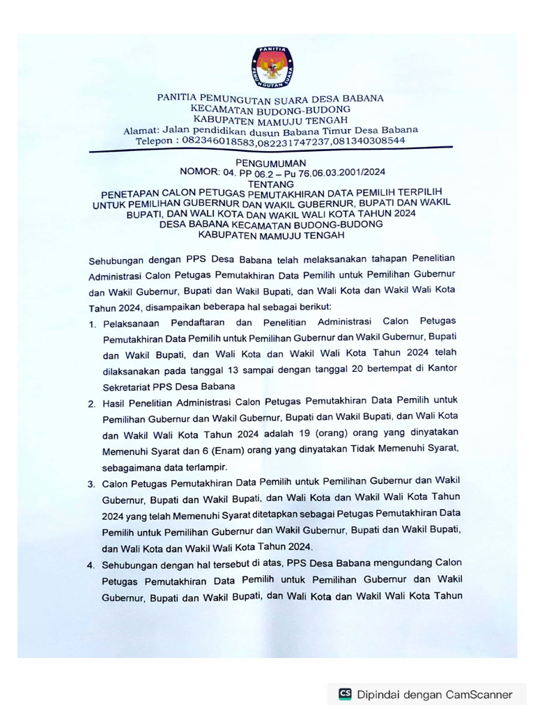 Pengumuman Hasil Kelulusan Pantarlih PPS Desa Babana 2024 | PDF