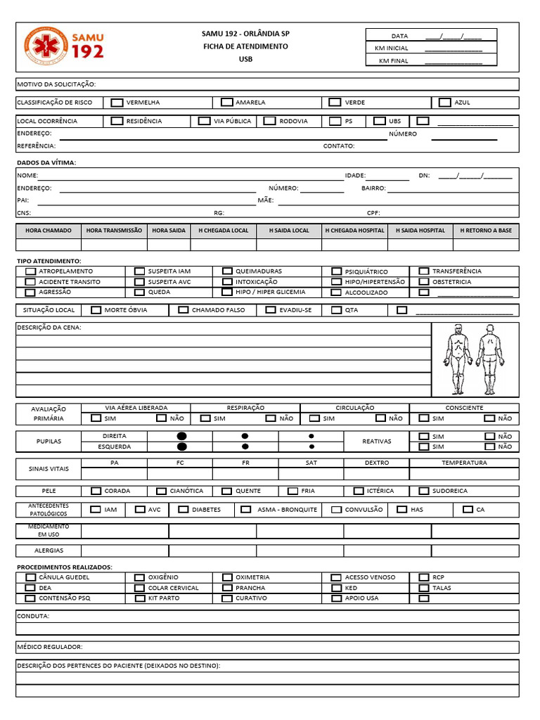 Ficha de Atendimento SAMU Frente e Verso | PDF | Ciências da Saúde | Medicina Clínica