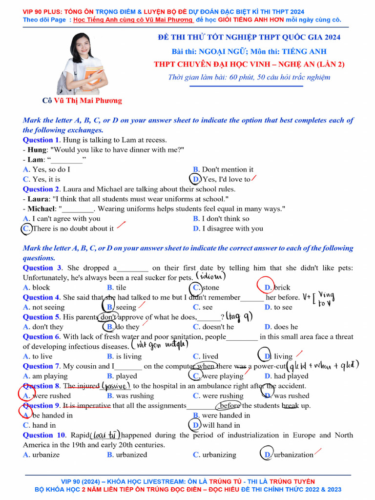 (Cô Vũ Mai Phương) Đề Thi Thử Tốt Nghiệp THPT Quốc Gia 2024 - THPT Chuyên Đại Học Vinh - Nghệ an ...