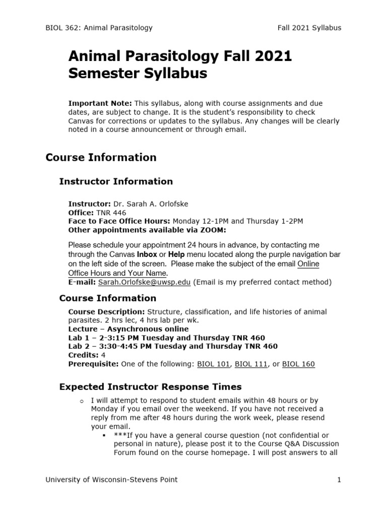 BIOL362 Syllabus Fall2021 Orlofske | PDF | Academic Dishonesty