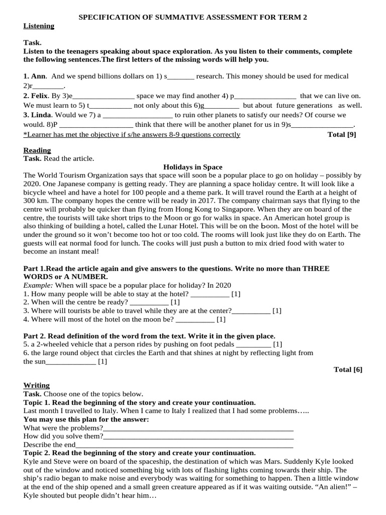 Specification of Summative Assessment for Term 2 Grade 7 (1) (Копия) | PDF