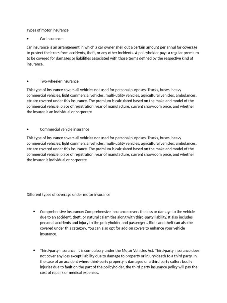 Types of Motor Insurance | PDF | Vehicle Insurance | Insurance