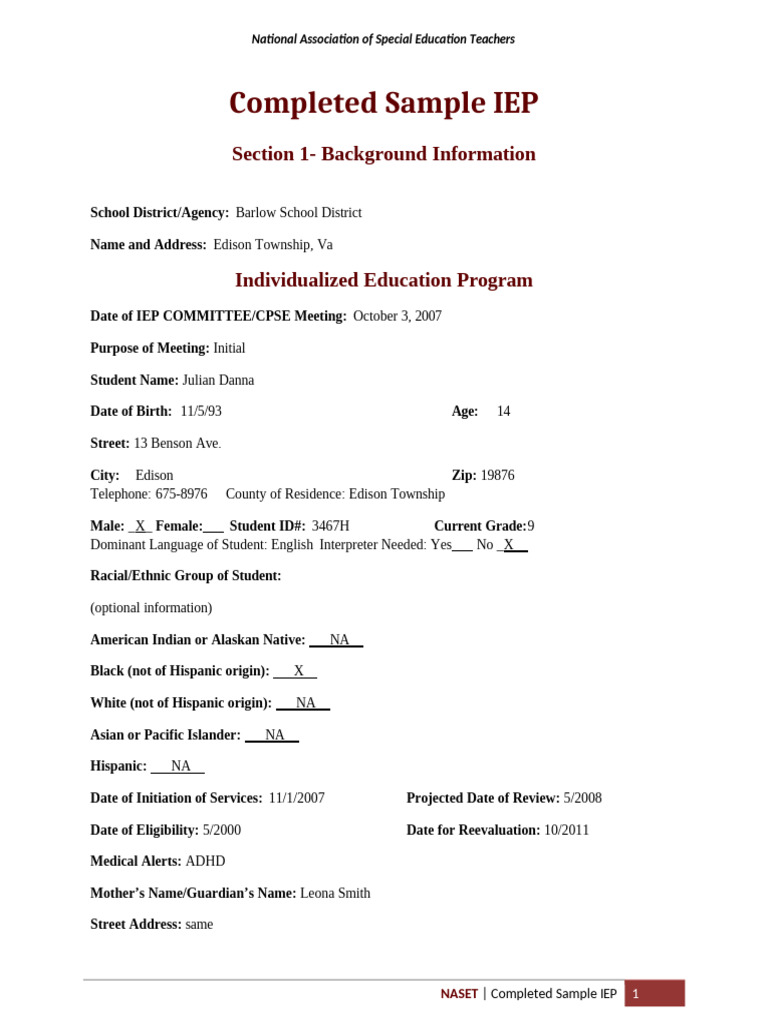 Completed_Sample_IEP | PDF | Special Education | Individualized ...