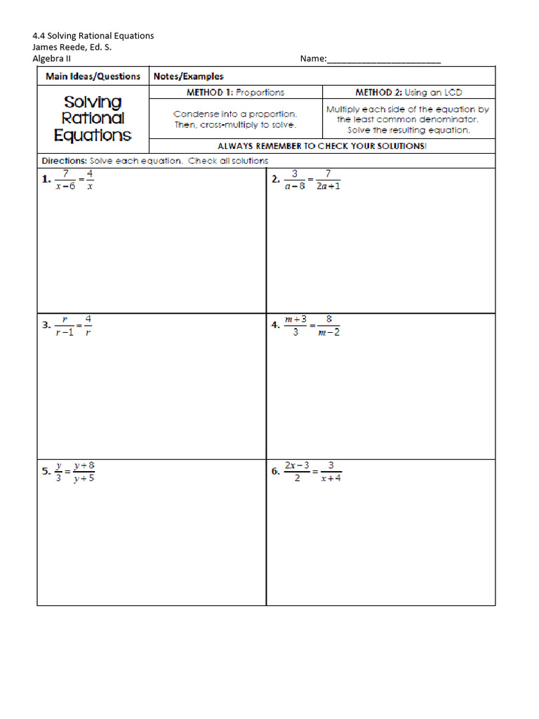 Solving Rational Equations Worksheet | PDF