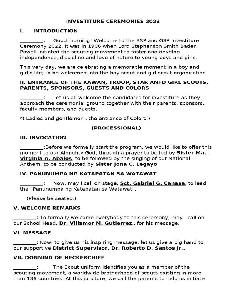 INVESTITURE-CEREMONIES-SCRIPT-2023 (K To Gr3) | PDF | Outdoor ...