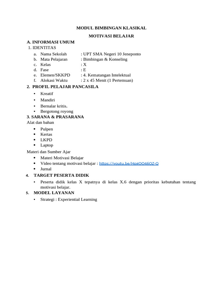 Modul Bimbingan Klasikal - Kematangan Intelektual - Motivasi Belajar | PDF
