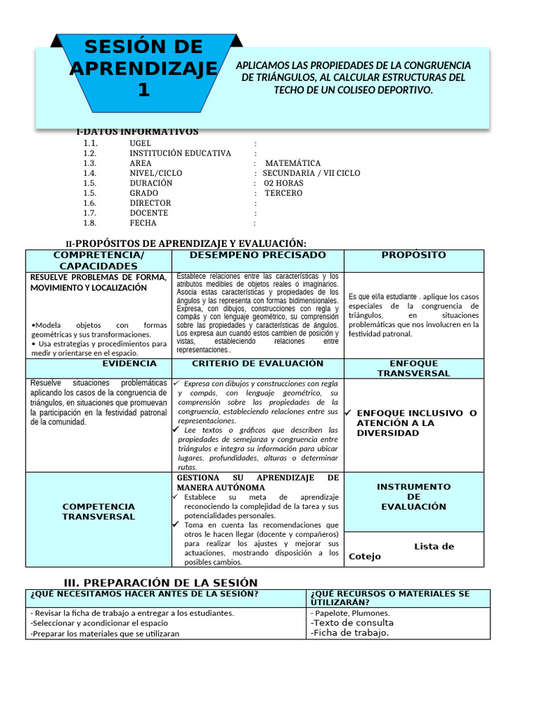 Sesión - Actv 1 - Unidad 5 - 3°. | PDF | Geometría | Aprendizaje