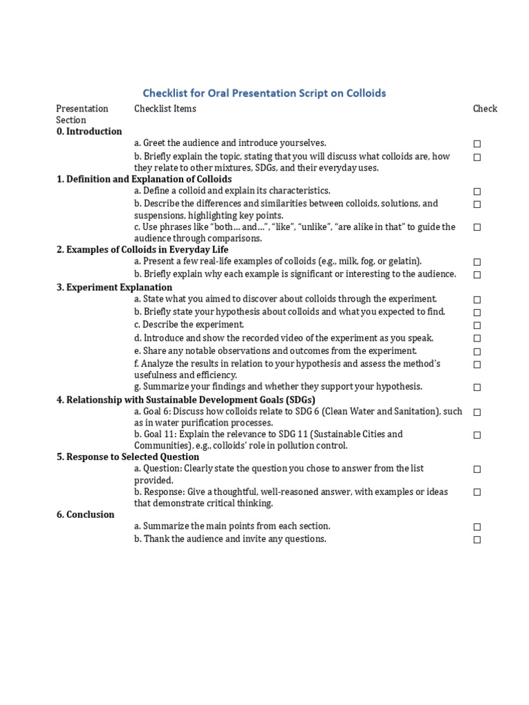Colloids - Presentation - Checklist and Language Frame | PDF | Experiment | Colloid