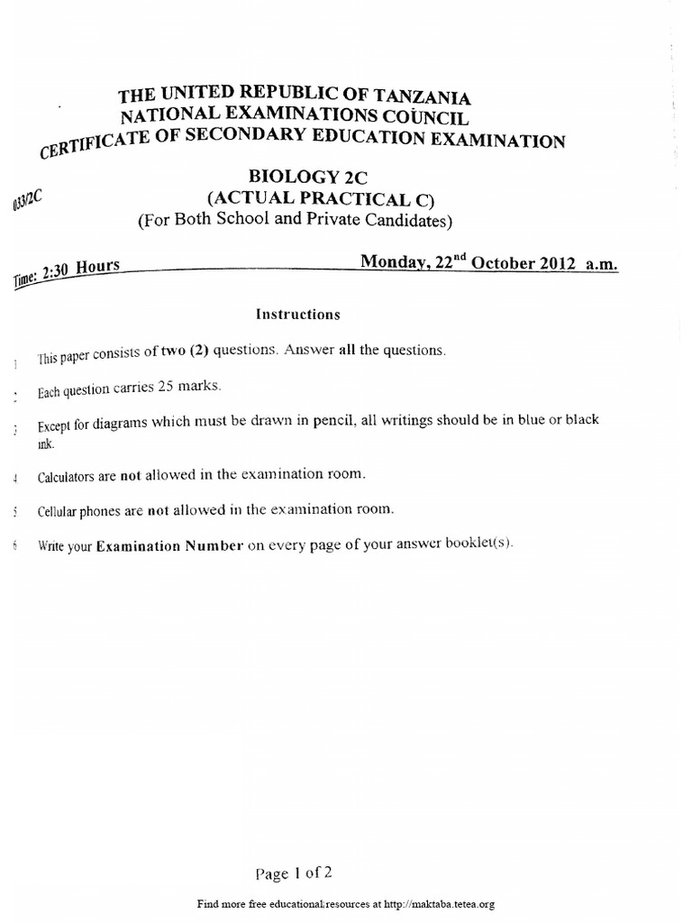 Biology 2C - F4 - 2012 | PDF | Social Science