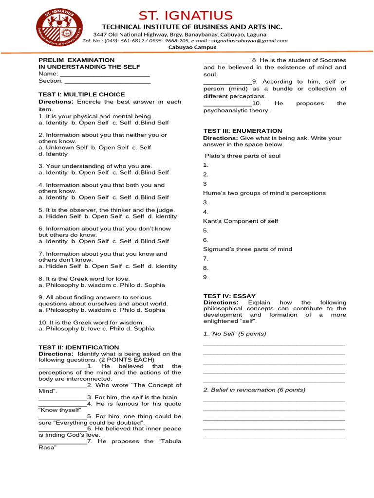 Understanding the Self Prelim Exam | PDF | Philosophy Of Self | Sophia ...