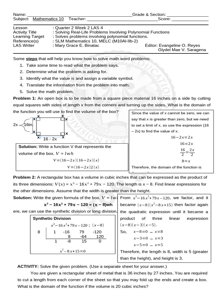 Math10 Q2 Week2 LAS4 2023 | PDF | Function (Mathematics) | Mathematics