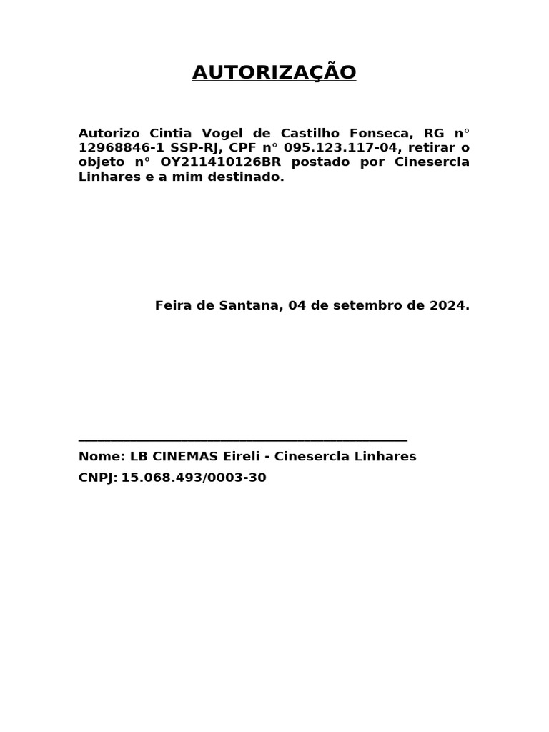 Autorizacao Retirada de Encomenda Por Terceiros (1) | PDF Autorizacao Retirada de Encomenda Por Terceiros (1) | PDF