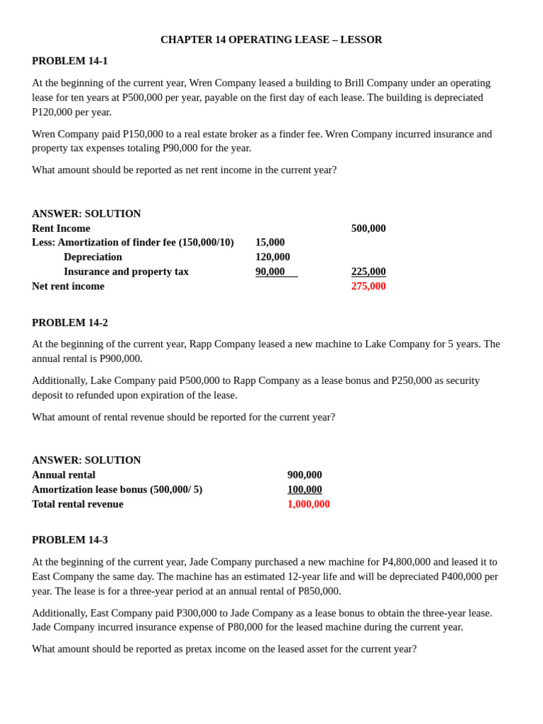 Operating Lease Income Calculations | PDF | Lease | Renting