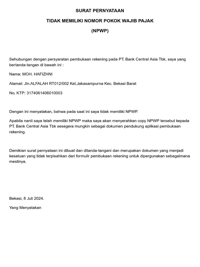 Surat-Pernyataan-Tanpa-NPWP - Doc 20240706 124051 0000 | PDF