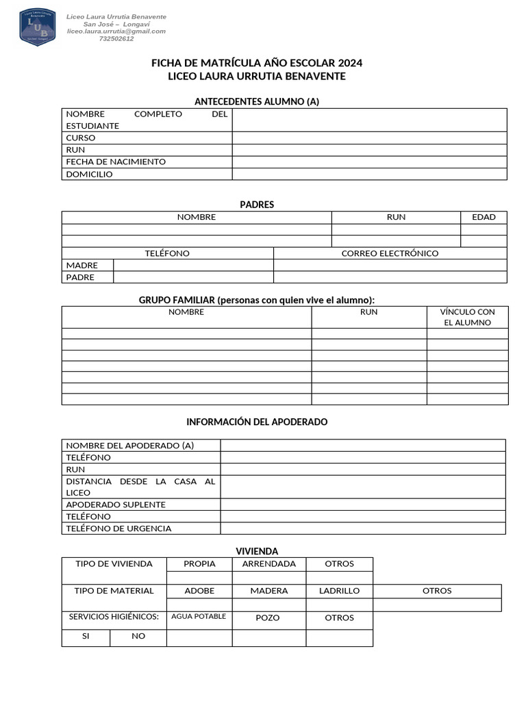 Ficha de Matrícula Año Escolar 2024 | PDF