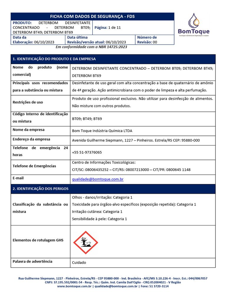FDS Deterbom Desinfetante - BT09 - BT49 - BT69 Rev.00 | PDF