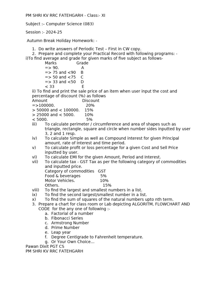 Class Xi A + B CS 083 Autumn Break Assignment | PDF | Teaching Methods & Materials | Computers