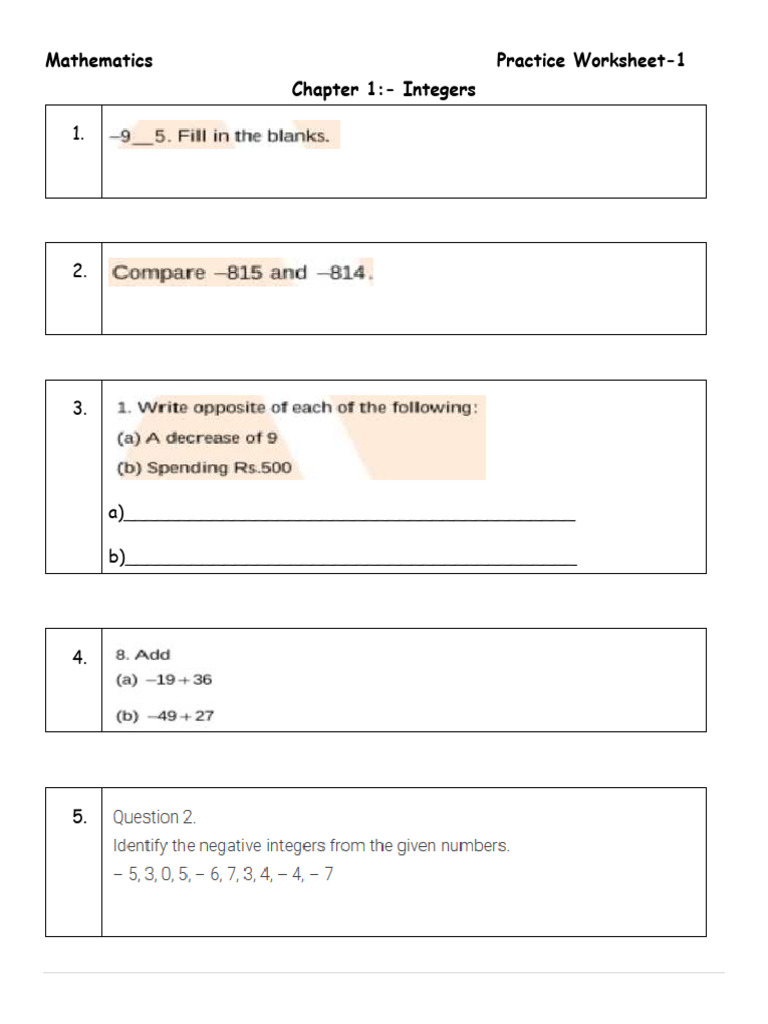 Igcse Mathematics Chapter 1-Integers Grade 6 | PDF | Numbers | Integer