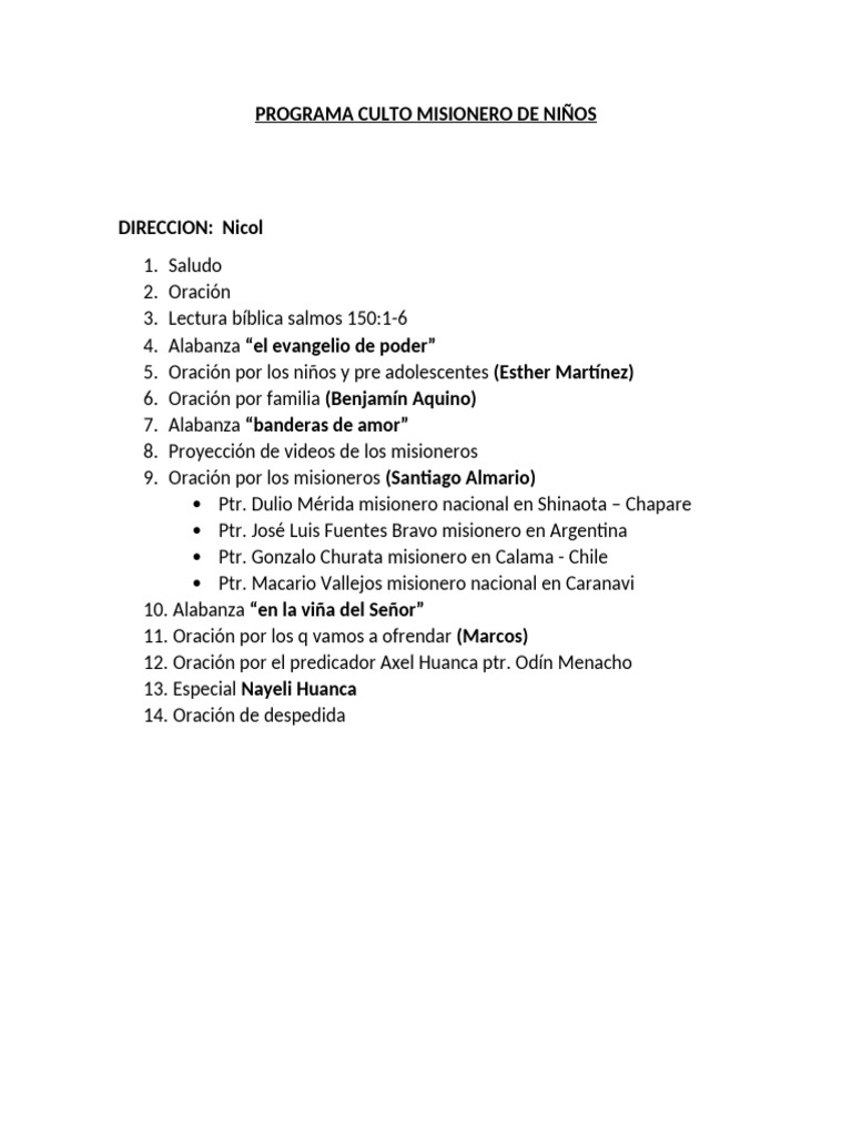 Programa Culto Misionero de Niños | PDF