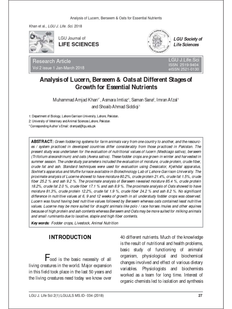 Analysis of Lucern Berseem and Oats at D | PDF | Alfalfa | Dietary Fiber