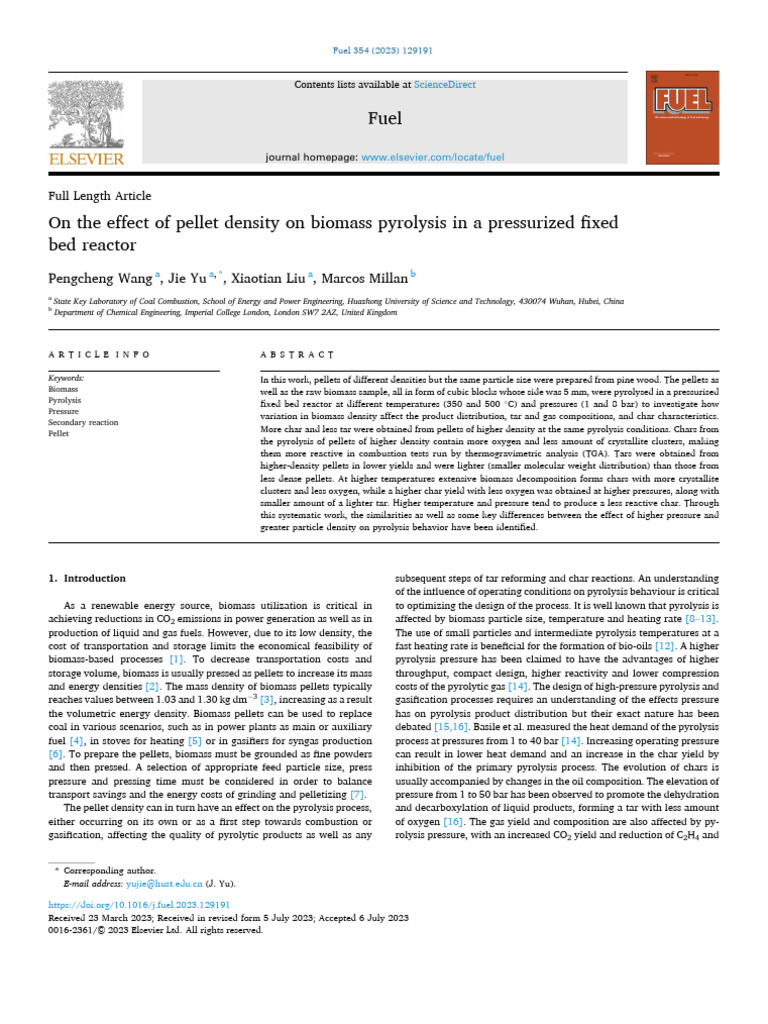 On The Effect of Pellet Density On Biomass Pyrolysis in A Pressurized ...