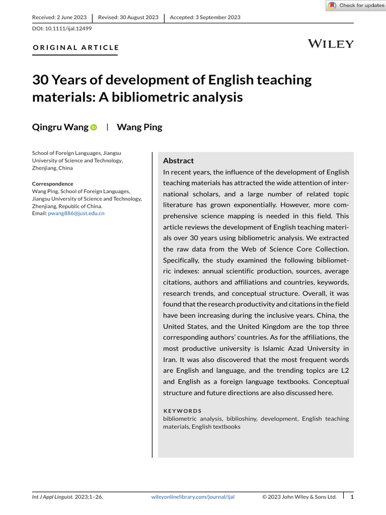 Wang, Q., & Ping, W. (2023) - 30 Years of Development of English Teaching Materials | PDF ...
