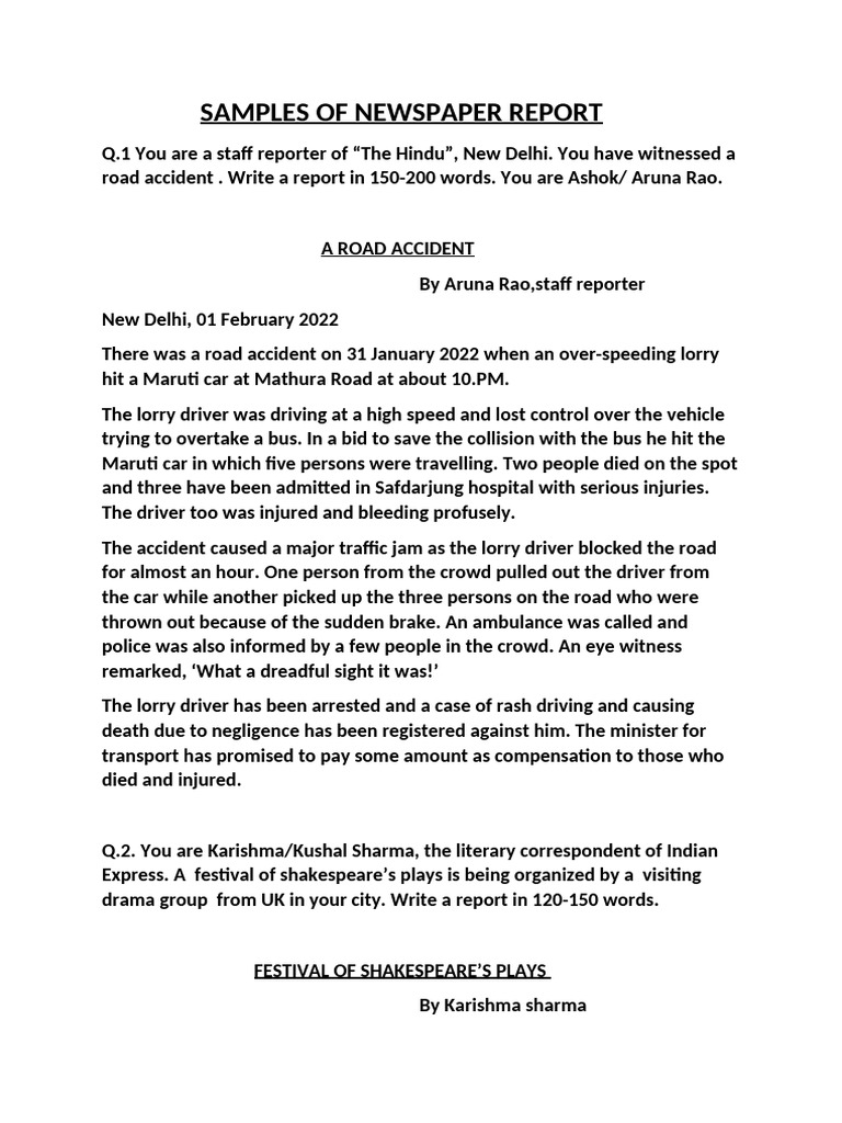 Samples of Newspaper Report | PDF | Traffic Collision | William Shakespeare