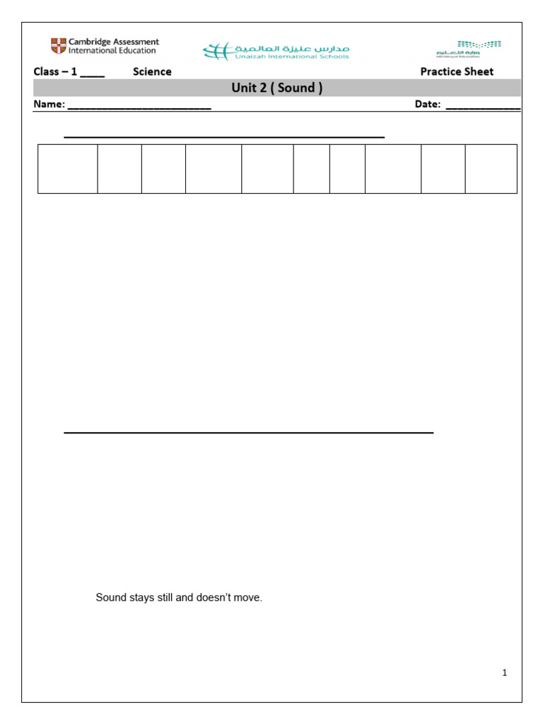 Unit 2 (Sound) : Class 1 - Science Practice Sheet | PDF | Sound