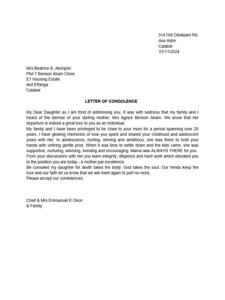Chief Emmanuel Okon Letter of Condolence | PDF