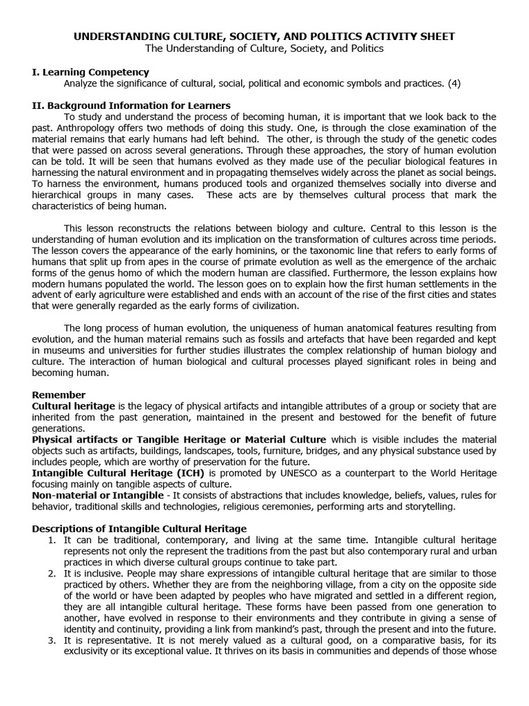Culture, Society, and Politics Overview | PDF | Cultural Heritage ...