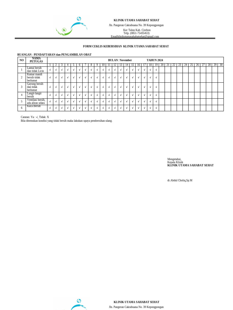 Form Ceklis Kebersihan Ruangan | PDF