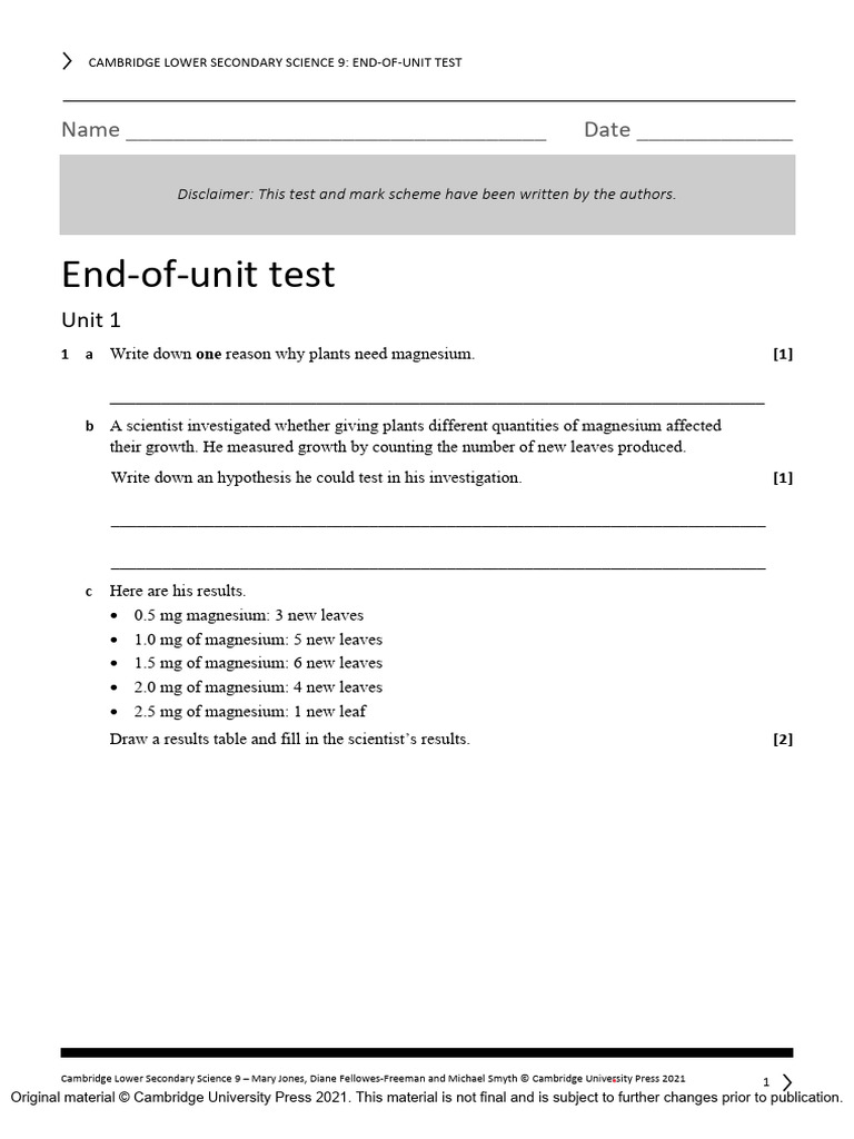 Cambridge Science 9 Unit Test | PDF | Magnesium | Photosynthesis