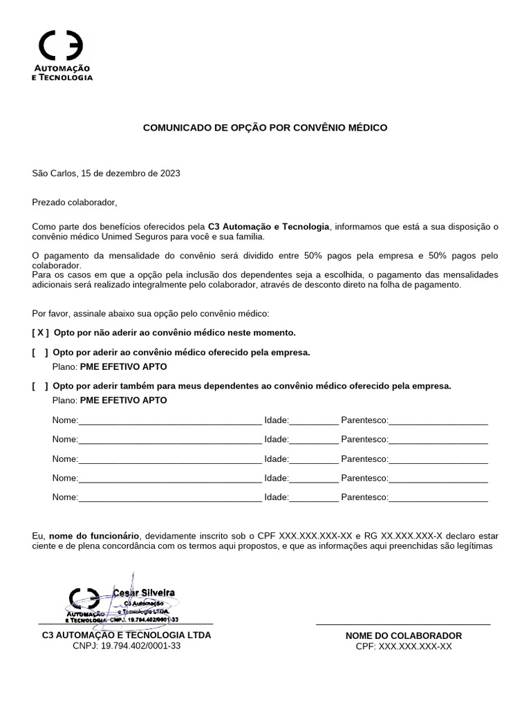 Carta de Opção Pelo Convênio | PDF