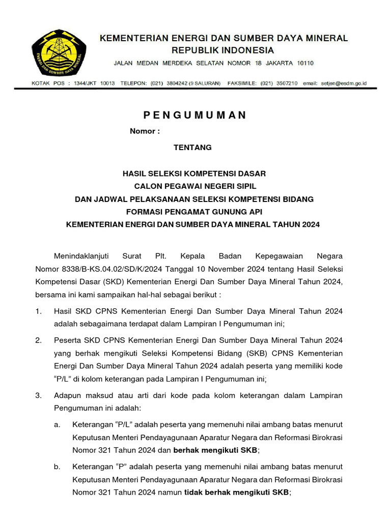 Pengumuman Hasil SKD & Teknis SKB Pga - Cpns Kesdm 2024 | PDF