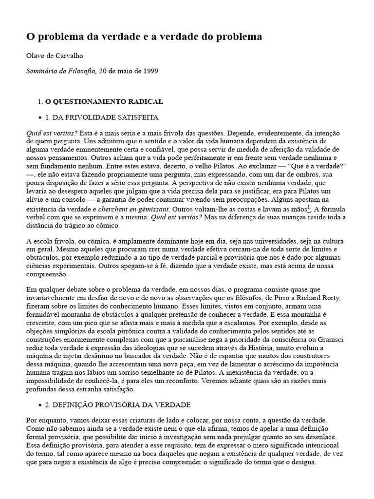 O Problema Da Verdade e A Verdade Do Problema - SAPIENTIAM AUTEM NON VINCIT MALITIA | PDF ...