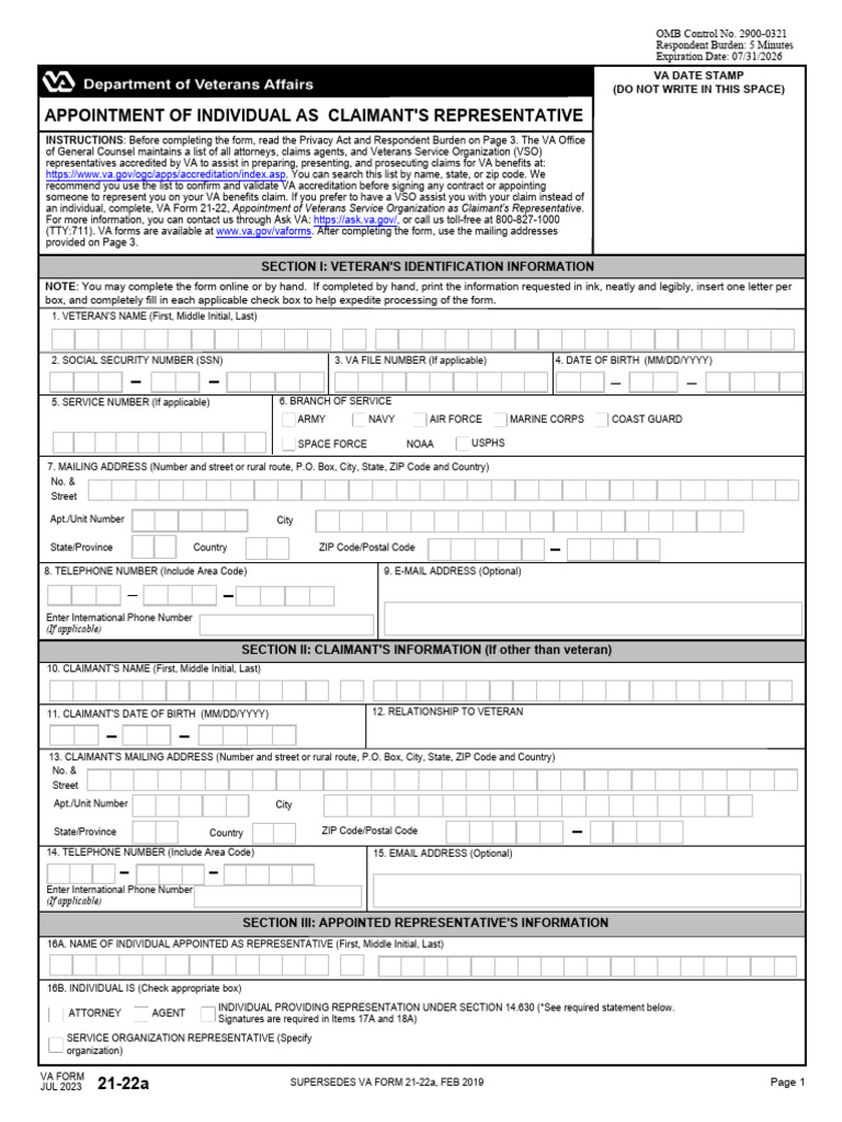 VA Form 21-22a: Claimant Representation | PDF | Zip Code | Social ...
