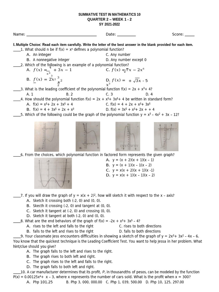 Summative Test 2nd Quarter | PDF | Function (Mathematics) | Polynomial