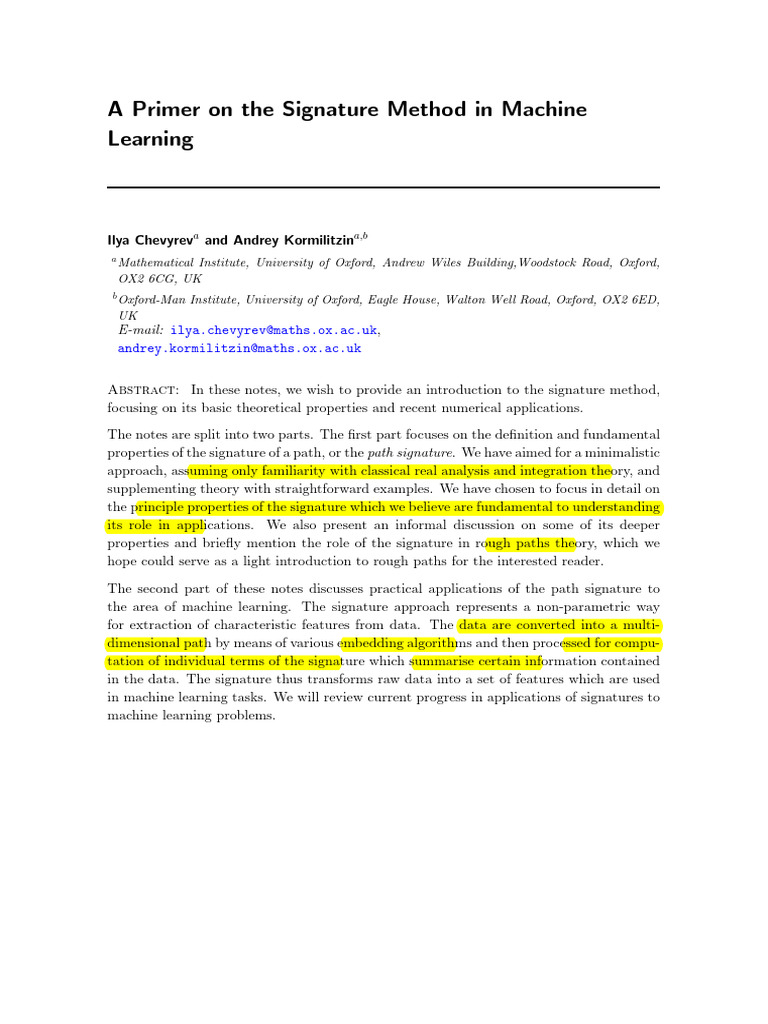 Primer On The Signature Method in Machine Learning | PDF | Machine ...