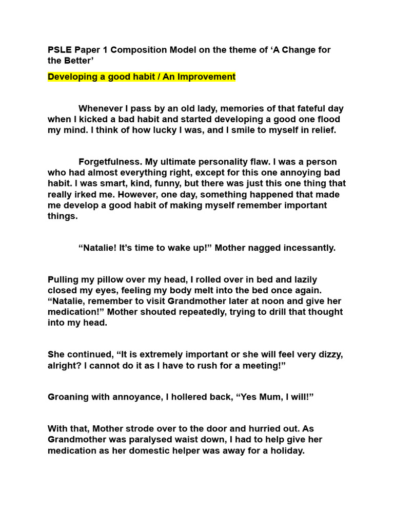 PSLE Paper 1 Composition Model On The Theme of Change For Better | PDF ...
