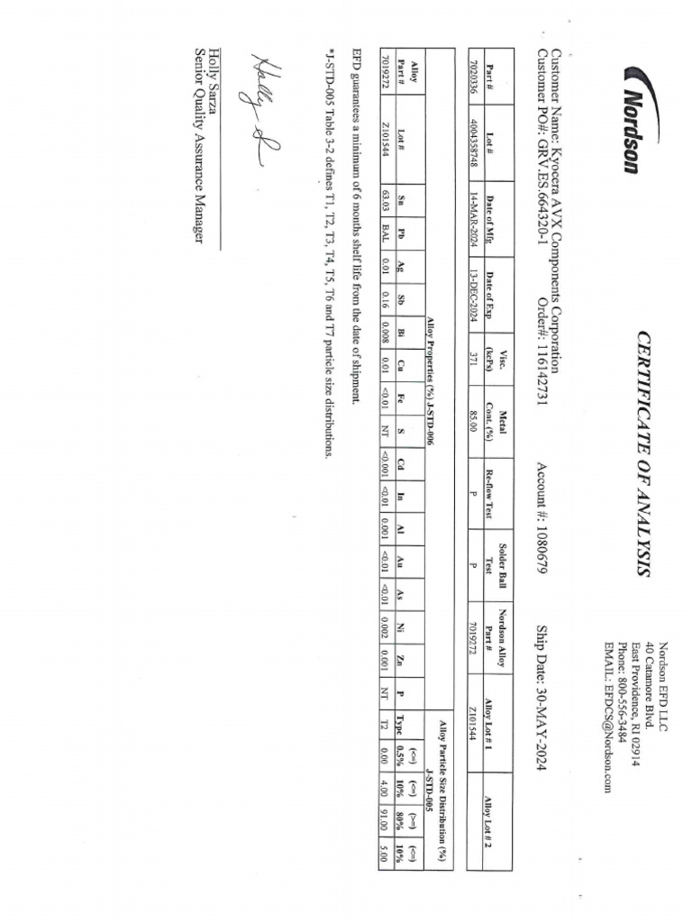 Nordson Water Solder Certificate of Analysis | PDF