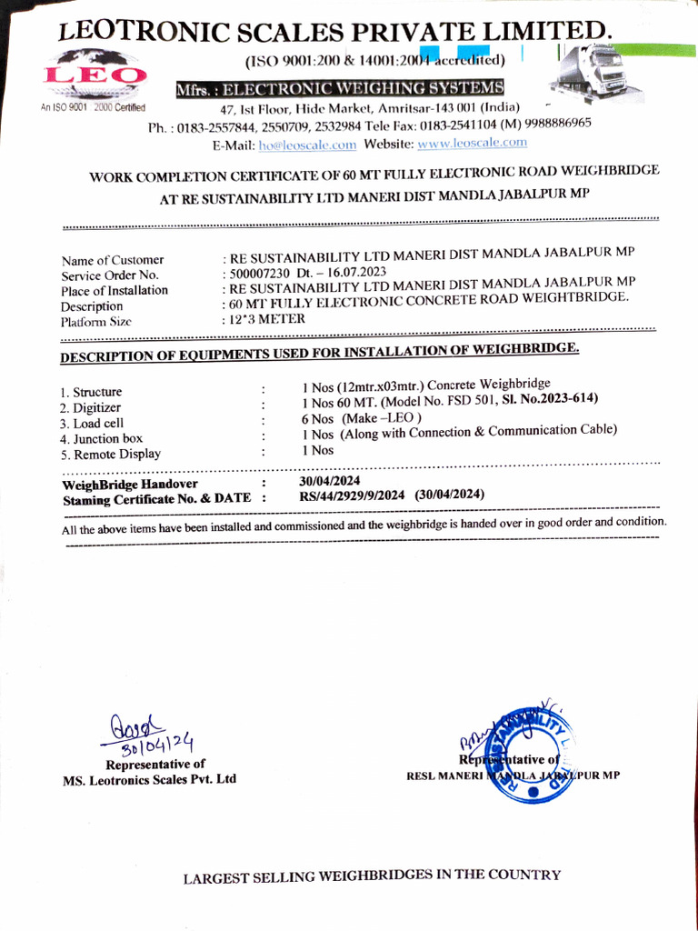 Weigh Bridge Handover Certificate | PDF | Equipment | Civil Engineering